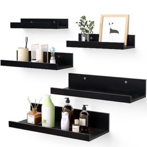 upsimples home floating shelves for wall decor storage, wall shelves set of 5, wall mounted wood shelves for bedroom, living room, bathroom, kitchen, small picture ledge shelves, black