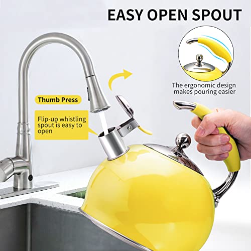 Sotya Whistling Tea Kettle for Stovetop, 3 Quart Stainless Steel Teakettle Teapot with Upgraded Version Silicone Anti-Scald Handle, Suitable for All Heat Source (Yellow)