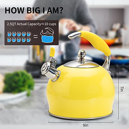 Sotya Whistling Tea Kettle for Stovetop, 3 Quart Stainless Steel Teakettle Teapot with Upgraded Version Silicone Anti-Scald Handle, Suitable for All Heat Source (Yellow)