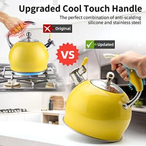 Sotya Whistling Tea Kettle for Stovetop, 3 Quart Stainless Steel Teakettle Teapot with Upgraded Version Silicone Anti-Scald Handle, Suitable for All Heat Source (Yellow)