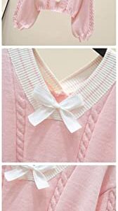 Cuteighteen Cute Sweaters for Women Cable Knit V Neck Cropped Loose Sweater Pullover Long Sleeve Top with Bow (Pink)