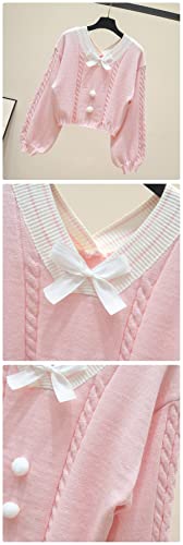 Cuteighteen Cute Sweaters for Women Cable Knit V Neck Cropped Loose Sweater Pullover Long Sleeve Top with Bow (Pink)