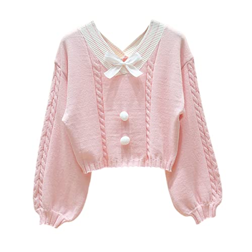 Cuteighteen Cute Sweaters for Women Cable Knit V Neck Cropped Loose Sweater Pullover Long Sleeve Top with Bow (Pink)