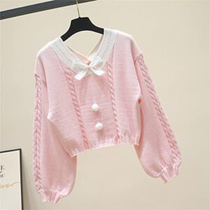 Cuteighteen Cute Sweaters for Women Cable Knit V Neck Cropped Loose Sweater Pullover Long Sleeve Top with Bow (Pink)