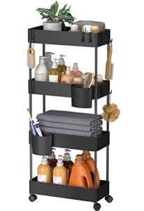 pipishell slim storage cart with wheels, 4 tier bathroom storage organizer rolling utility cart for bathroom kitchen laundry room office narrow place (black)