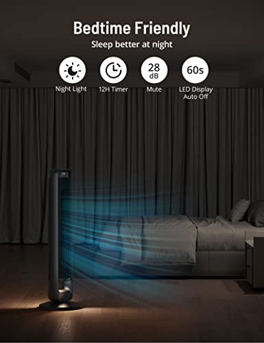 PARIS RHÔNE Tower Fan 42 Inch,42”90° Oscillating Fan,DC Motor,28dB,12 Speeds,4 Modes,12H Timer,LED Display,Floor Standing Fan with Remote,Quiet Cooling Bladeless Fan with Remote for Room or Office