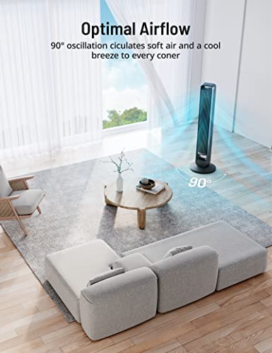 PARIS RHÔNE Tower Fan 42 Inch,42”90° Oscillating Fan,DC Motor,28dB,12 Speeds,4 Modes,12H Timer,LED Display,Floor Standing Fan with Remote,Quiet Cooling Bladeless Fan with Remote for Room or Office