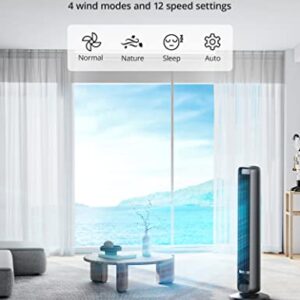 PARIS RHÔNE Tower Fan 42 Inch,42”90° Oscillating Fan,DC Motor,28dB,12 Speeds,4 Modes,12H Timer,LED Display,Floor Standing Fan with Remote,Quiet Cooling Bladeless Fan with Remote for Room or Office