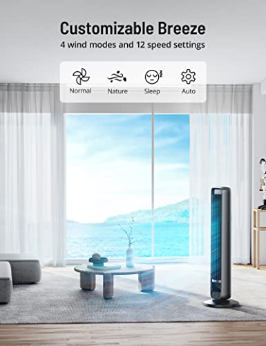 PARIS RHÔNE Tower Fan 42 Inch,42”90° Oscillating Fan,DC Motor,28dB,12 Speeds,4 Modes,12H Timer,LED Display,Floor Standing Fan with Remote,Quiet Cooling Bladeless Fan with Remote for Room or Office