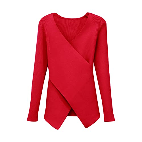 Women's V-Neck Wrap Slim Sweater Criss Cross Wrap Long Sleeve Pullover Tops Asymmetric Hem Knitted Crop Solid Pullover (Red,Large)