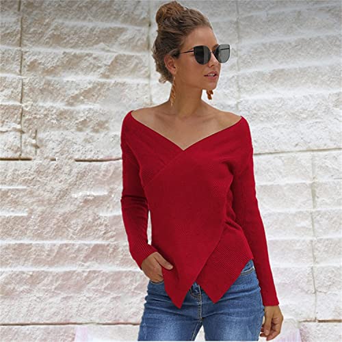 Women's V-Neck Wrap Slim Sweater Criss Cross Wrap Long Sleeve Pullover Tops Asymmetric Hem Knitted Crop Solid Pullover (Red,Large)