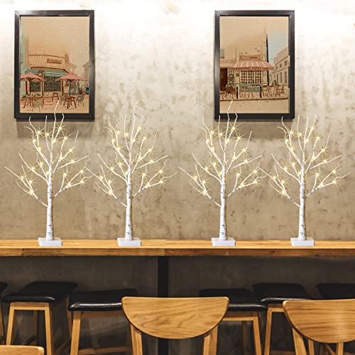 PEIDUO Christmas Tree, Christmas Table Decorations, 2FT Birch Tree with LED Lights, Warm White Tree Lamp, Fairy Light Spirit Tree for Xmas Room Inside Mantel Decor, Battery Powered, 6H/18H Timer (4PK)