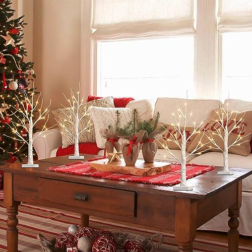 PEIDUO Christmas Tree, Christmas Table Decorations, 2FT Birch Tree with LED Lights, Warm White Tree Lamp, Fairy Light Spirit Tree for Xmas Room Inside Mantel Decor, Battery Powered, 6H/18H Timer (4PK)