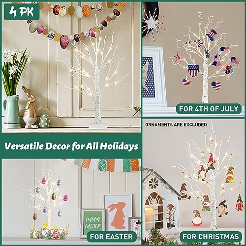 PEIDUO Christmas Tree, Christmas Table Decorations, 2FT Birch Tree with LED Lights, Warm White Tree Lamp, Fairy Light Spirit Tree for Xmas Room Inside Mantel Decor, Battery Powered, 6H/18H Timer (4PK)