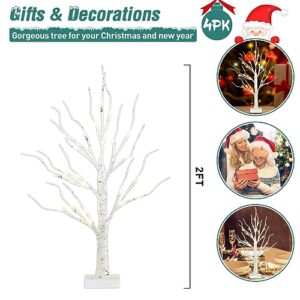 PEIDUO Christmas Tree, Christmas Table Decorations, 2FT Birch Tree with LED Lights, Warm White Tree Lamp, Fairy Light Spirit Tree for Xmas Room Inside Mantel Decor, Battery Powered, 6H/18H Timer (4PK)