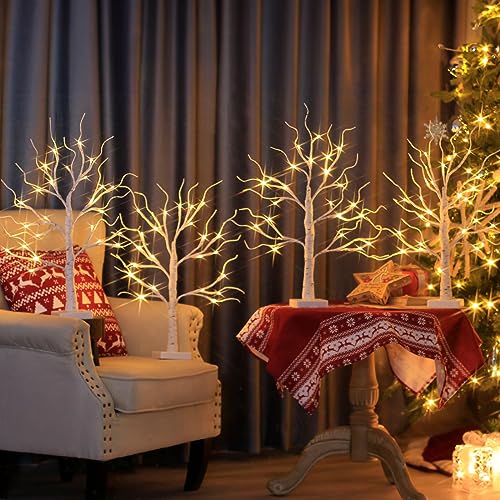 PEIDUO Christmas Tree, Christmas Table Decorations, 2FT Birch Tree with LED Lights, Warm White Tree Lamp, Fairy Light Spirit Tree for Xmas Room Inside Mantel Decor, Battery Powered, 6H/18H Timer (4PK)