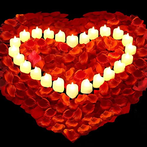 AUSAYE Valentines Decor 1000 Pieces Artificial Rose Petals with 24Pcs Heart Shaped LED Candles Flameless Romantic Love LED Tea Lights for Night Light Valentine's Day Anniversary Wedding Table Decor