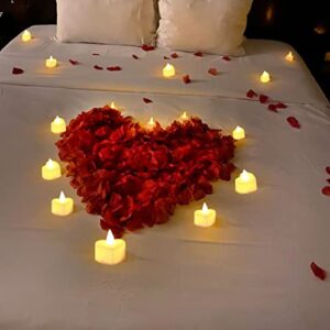 AUSAYE Valentines Decor 1000 Pieces Artificial Rose Petals with 24Pcs Heart Shaped LED Candles Flameless Romantic Love LED Tea Lights for Night Light Valentine's Day Anniversary Wedding Table Decor