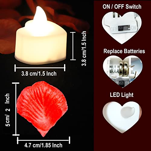 AUSAYE Valentines Decor 1000 Pieces Artificial Rose Petals with 24Pcs Heart Shaped LED Candles Flameless Romantic Love LED Tea Lights for Night Light Valentine's Day Anniversary Wedding Table Decor