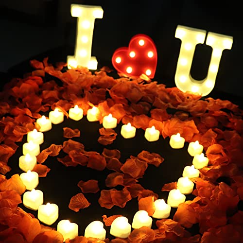 AUSAYE Valentines Decor 1000 Pieces Artificial Rose Petals with 24Pcs Heart Shaped LED Candles Flameless Romantic Love LED Tea Lights for Night Light Valentine's Day Anniversary Wedding Table Decor