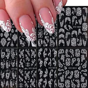 flower nail art stickers decals, 8 sheets 5d engraved flower nail decals white wedding nail art accessories french tips nail designs self adhesive lace flower carving nail stickers for women girls