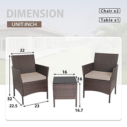 PayLessHere 3-Piece Outdoor Wicker Conversation Bistro Set Outdoor Patio Porch Furniture Sets for Yard, Garden with 2 PE Rattan Wicker Chairs, 2 Cushions,1 Coffee Table (Khaki)