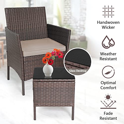 PayLessHere 3-Piece Outdoor Wicker Conversation Bistro Set Outdoor Patio Porch Furniture Sets for Yard, Garden with 2 PE Rattan Wicker Chairs, 2 Cushions,1 Coffee Table (Khaki)