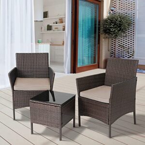 PayLessHere 3-Piece Outdoor Wicker Conversation Bistro Set Outdoor Patio Porch Furniture Sets for Yard, Garden with 2 PE Rattan Wicker Chairs, 2 Cushions,1 Coffee Table (Khaki)