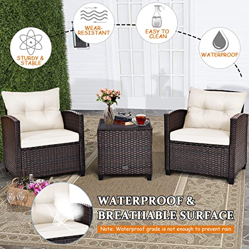 ARLIME 3 Piece Outdoor Patio Furniture Set, All-Weather PE Rattan Wicker Sofa Set w/Removable & Washable Cushion, Modern Conversation Sofa for Garden, Balcony, Swimming Pool, Patio (White)