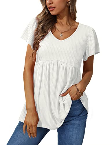 Glanzition Oversized T Shirts for Women Tunic Tops to Wear with Leggings Short Sleeve White L