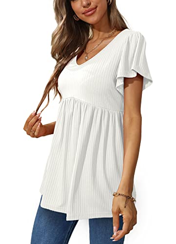 Glanzition Oversized T Shirts for Women Tunic Tops to Wear with Leggings Short Sleeve White L