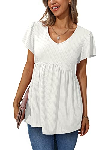 Glanzition Oversized T Shirts for Women Tunic Tops to Wear with Leggings Short Sleeve White L