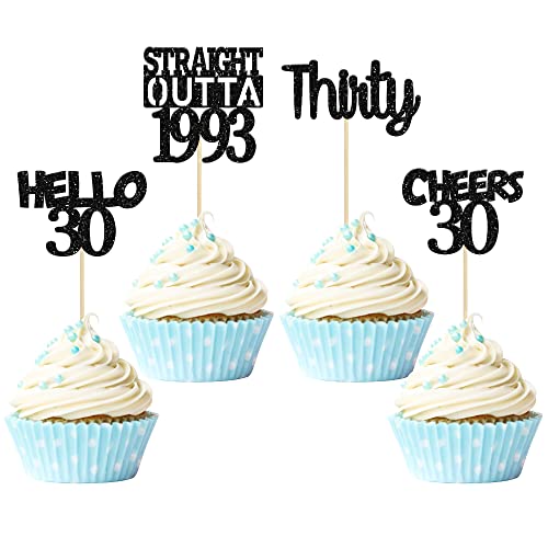 Gyufise 24 Pack 30th Birthday Cupcake Toppers Black Glitter Thirty Straight Outta 1993 Hello 30 Cupcake Picks Cheers to 30 Years Birthday Anniversary Cake Decorations Supplies