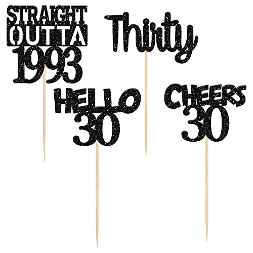 Gyufise 24 Pack 30th Birthday Cupcake Toppers Black Glitter Thirty Straight Outta 1993 Hello 30 Cupcake Picks Cheers to 30 Years Birthday Anniversary Cake Decorations Supplies