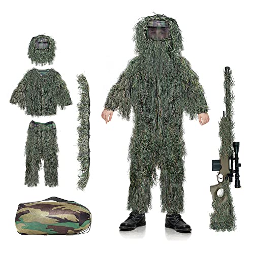 ANZOME 5in1 Kids Ghillie Suit, 3D Kid Camo Hunting Clothes Youth Gilly Suits with Carry Bag+Hood+Gillie Sniper Suit for Shooting Game, Halloween Costume Outfit for 4.5-5ft