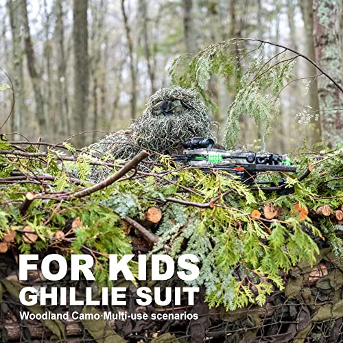 ANZOME 5in1 Kids Ghillie Suit, 3D Kid Camo Hunting Clothes Youth Gilly Suits with Carry Bag+Hood+Gillie Sniper Suit for Shooting Game, Halloween Costume Outfit for 4.5-5ft