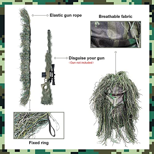 ANZOME 5in1 Kids Ghillie Suit, 3D Kid Camo Hunting Clothes Youth Gilly Suits with Carry Bag+Hood+Gillie Sniper Suit for Shooting Game, Halloween Costume Outfit for 4.5-5ft