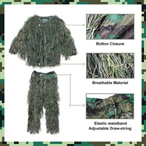 ANZOME 5in1 Kids Ghillie Suit, 3D Kid Camo Hunting Clothes Youth Gilly Suits with Carry Bag+Hood+Gillie Sniper Suit for Shooting Game, Halloween Costume Outfit for 4.5-5ft