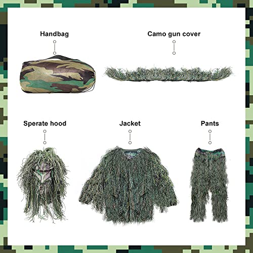 ANZOME 5in1 Kids Ghillie Suit, 3D Kid Camo Hunting Clothes Youth Gilly Suits with Carry Bag+Hood+Gillie Sniper Suit for Shooting Game, Halloween Costume Outfit for 4.5-5ft