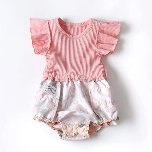 MBMSHEGH Newborn Baby Girl Clothes Summer Infant Romper Outfit Short Sleeve Suspender Ribbed Shorts Clothing with Headband 3-6 Months