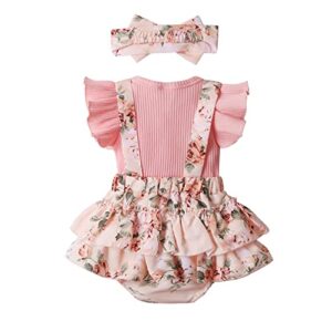 MBMSHEGH Newborn Baby Girl Clothes Summer Infant Romper Outfit Short Sleeve Suspender Ribbed Shorts Clothing with Headband 3-6 Months