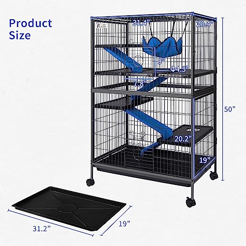 50" H 4 Tier Steel Plastic Deluxe Small Animal Pet Cage Kit for Guinea Pig Ferret Little Rabbit with Wheels Brakes Hammock Removable Tray and Ladder with Flannel