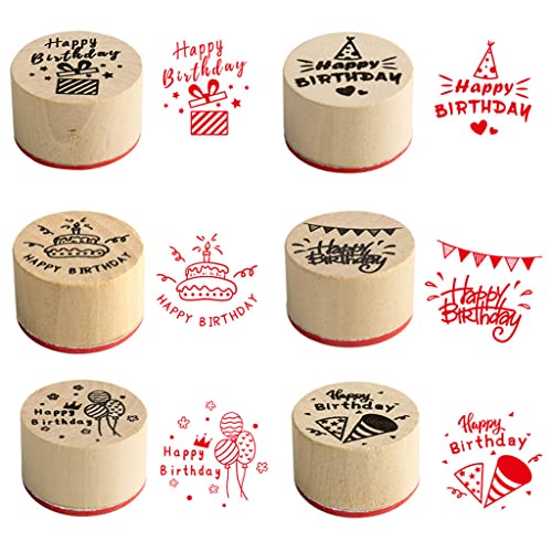 JZTang 6 Pcs Wooden Stamps Set Round Wooden Rubber Stamps for Card Making Happy Birthday Pattern Rubber Stamp for DIY Craft Card and Scrapbooking (Happy Birthday Stamps)