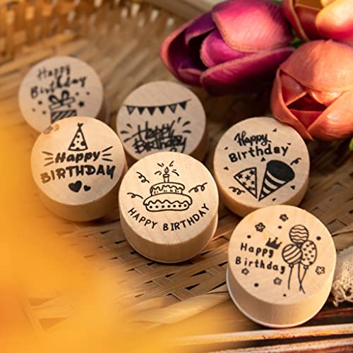 JZTang 6 Pcs Wooden Stamps Set Round Wooden Rubber Stamps for Card Making Happy Birthday Pattern Rubber Stamp for DIY Craft Card and Scrapbooking (Happy Birthday Stamps)