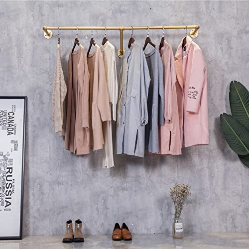 MDEPYCO Industrial Pipe Wall Mounted Towel Clothing Hanging Shelves System,Vintage Laundry Room Storage Rod,Metal Garment Rack for Clothes Retail Display Stand (59" L x 11.8" D, Gold)