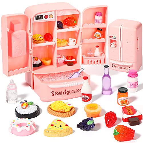 Dollhouse Refrigerator Mini Fridge Toy with Mini Food Set, Kitchen Furniture Food Toys Dollhouse Miniatures, Decorations Bottles Fruits Desserts for Children (Lovely Style, 17 Pieces)