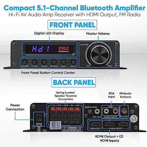 Pyle - PFA560BT - Wireless Bluetooth Home Audio Amplifier - 100W 5.1 Channel Home Theater Power Stereo Receiver, Surround Sound w/HDMI, AUX, FM Antenna, Subwoofer Speaker Input, 12V Adapter