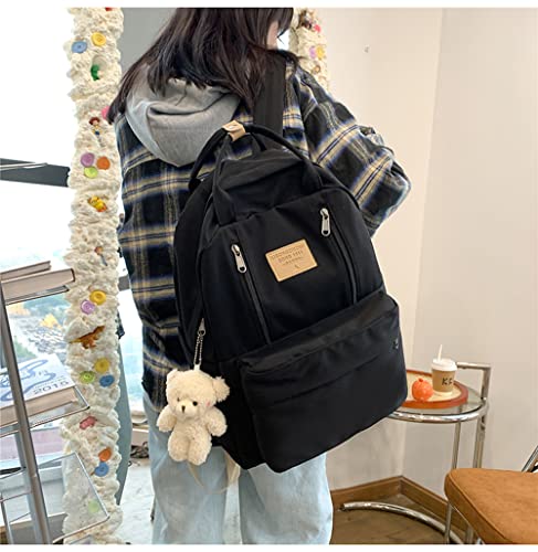 JHTPSLR Preppy Backpack with Plushies Cute Vintage Backpack for School Girls Light Academia Bookbags Preppy Aesthetic Backpack (Black)