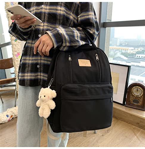 JHTPSLR Preppy Backpack with Plushies Cute Vintage Backpack for School Girls Light Academia Bookbags Preppy Aesthetic Backpack (Black)