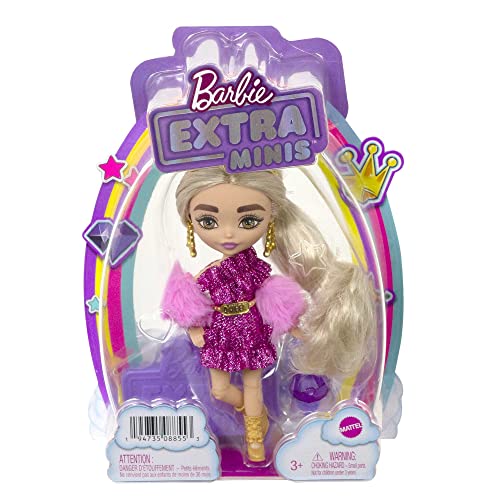 Barbie Extra Minis Doll & Accessories with Blonde Hair, Toy Pieces Include Shimmery Dress & Furry Shrug